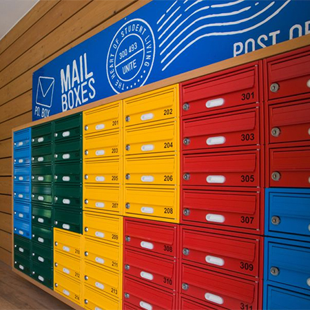 Colourful and bright mail boxes for student accommodation